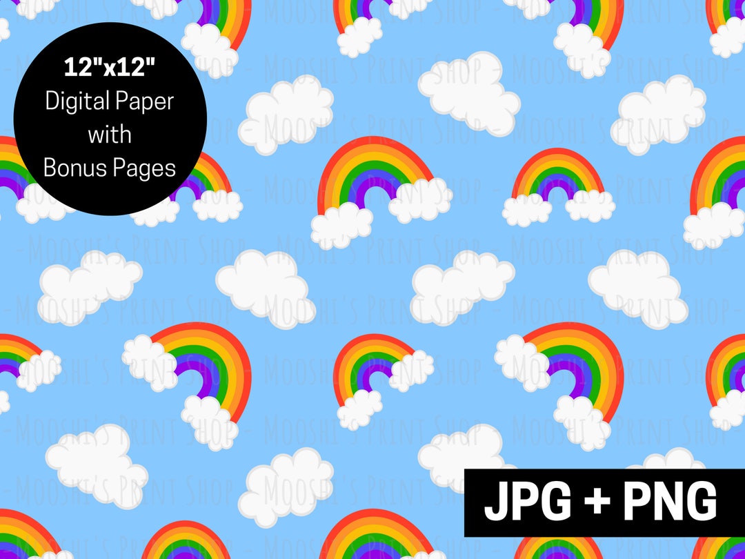 Rainbow in Clouds Digital Paper, Rainbow Fluffy Classic Storm Weather ...