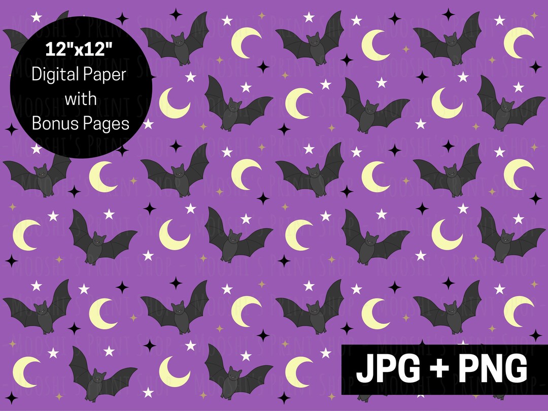 Midnight Bats Digital Paper, Halloween Witchy Moon Stars Flying Bat ...