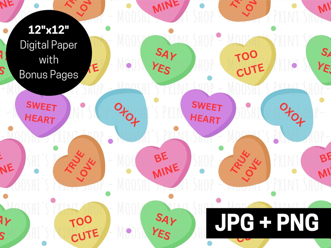 Conversation Hearts Digital Paper, Valentine's Day Candy Heart Message ...