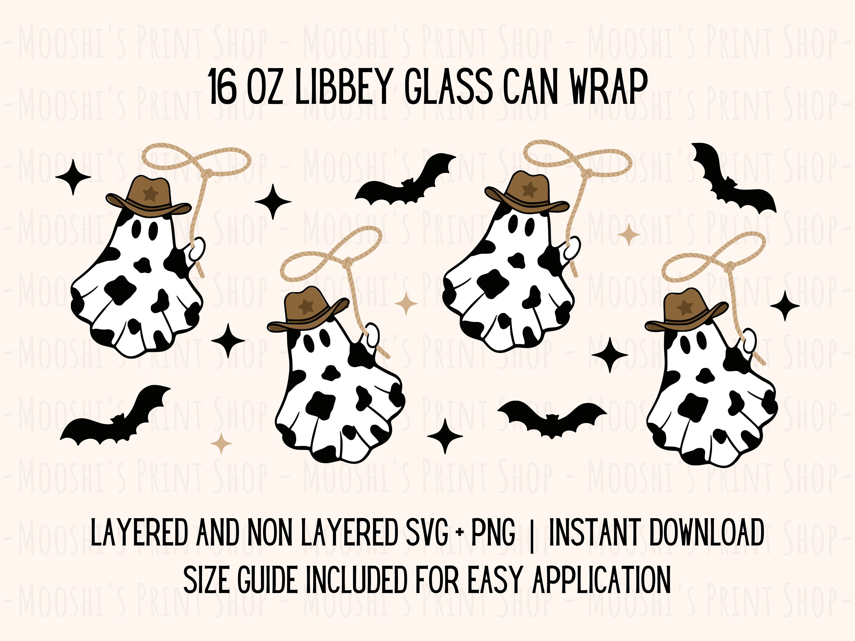 Cowboy Ghost Libbey Glass Wrap, Cute Cowprint Hat Lasso Bat Halloween ...