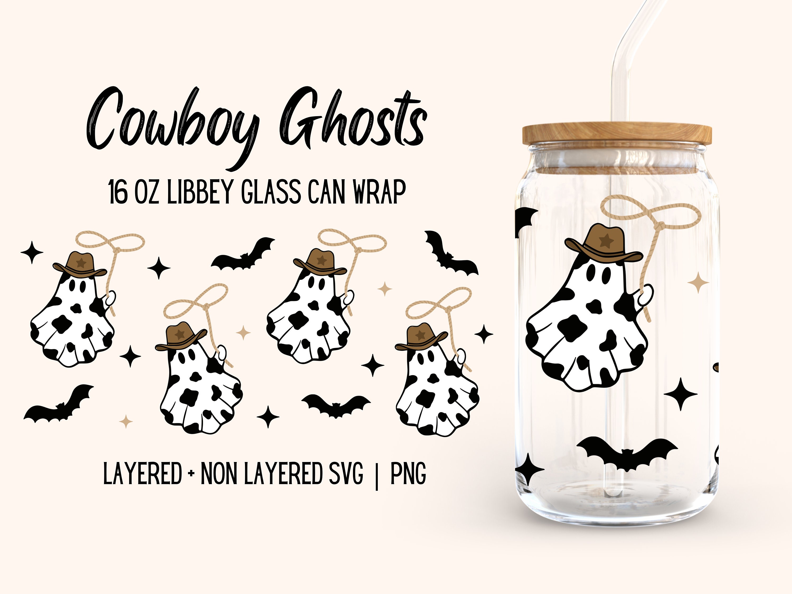 Cowboy Ghost Libbey Glass Wrap, Cute Cowprint Hat Lasso Bat Halloween ...