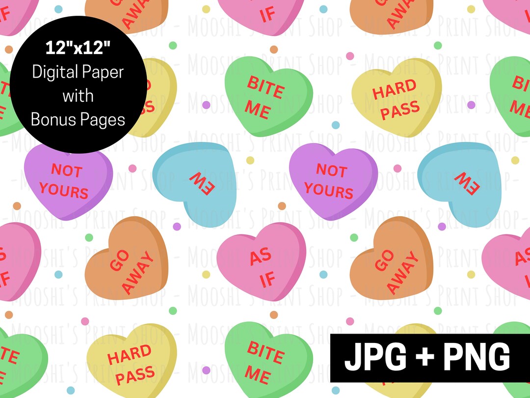 Anti Valentine's Candy Heart Digital Paper, Conversation Hearts Message ...
