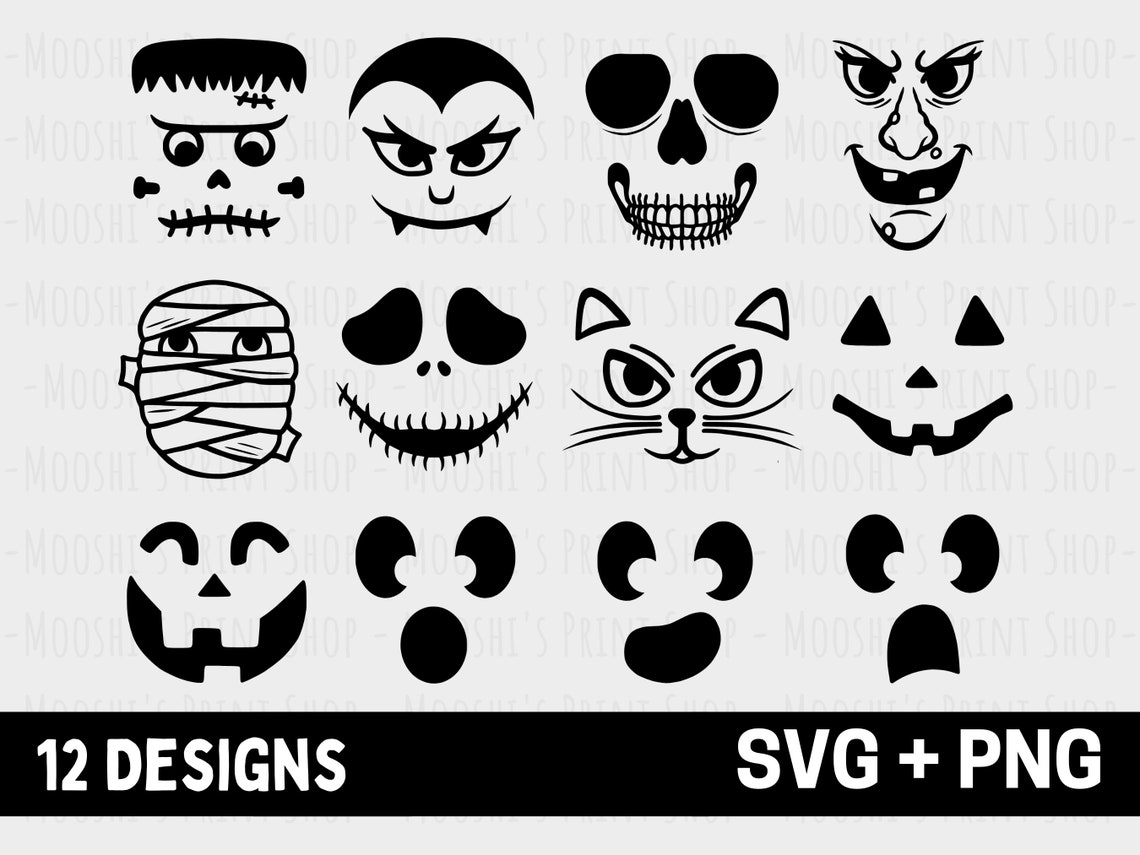 Halloween Faces Clipart 12 Pack Bundle, Spooky Monster Witch Ghost ...