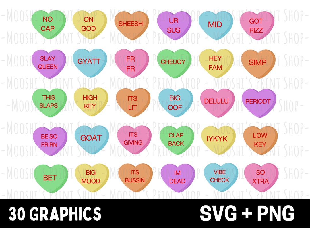 Funny Slang Conversation Hearts Clipart Bundle, Gen Z Millennial Candy ...