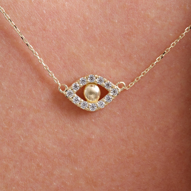 Evil Eye Diamond Necklace, 14K Solid Gold Eyes Shape Pendant With Side ...
