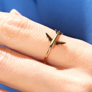 Airplane Ring 14K Solid Gold, Simple Aviation Rings for Women, Jet ...