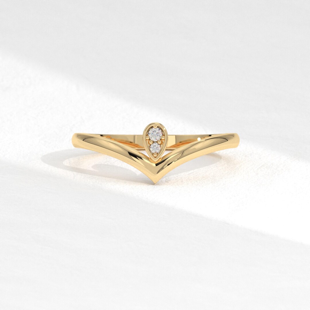 V Shaped Chevron Gold Ring, Dainty Diamond Curved Wedding Band, Bezel ...