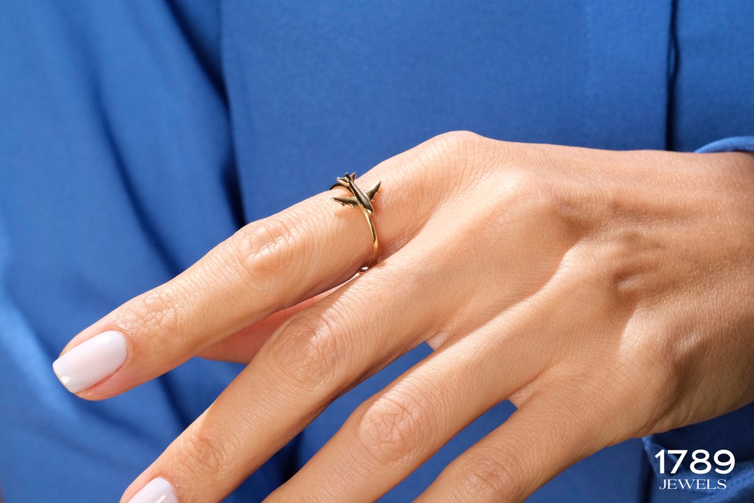 Travellers Plane Ring 10K 14K 18K Solid Gold, Minimalist Airplane Ring ...