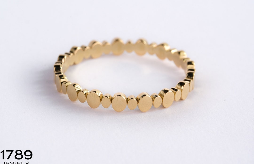 Flat Beaded Ring 14K Solid Gold Stackable Band, Eternity Dotted Stacked Band Women, Minimalistic ...