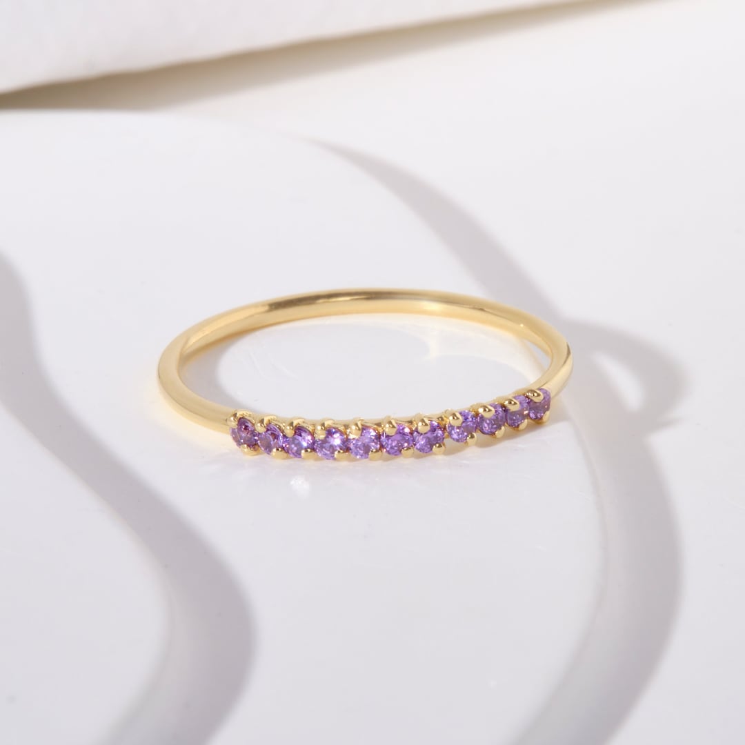 14K Amethyst Stacking Ring, 18K Personalized Birthstone Band Girl, Lavender Purple Stacked Band ...