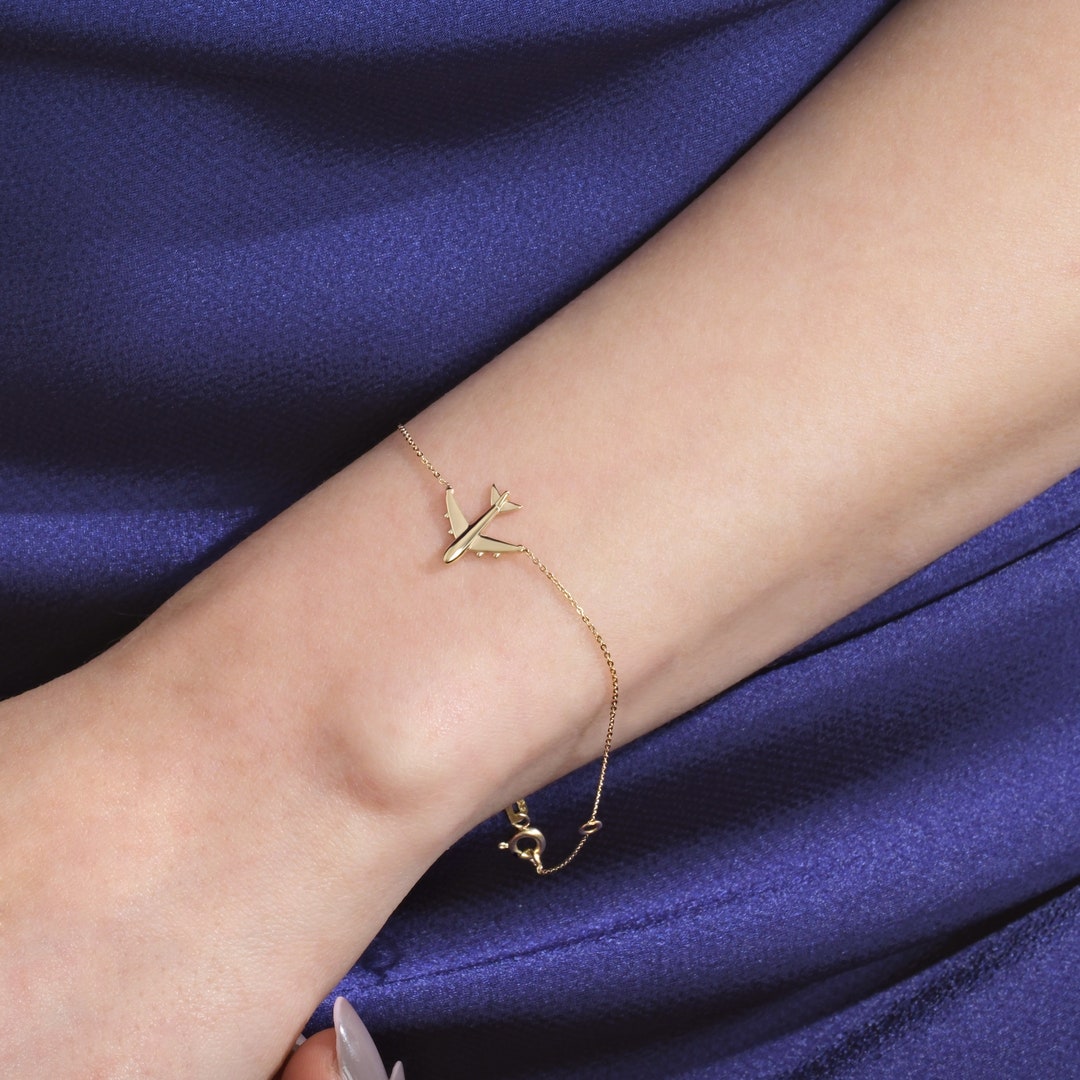 14K Gold Minimalist Airplane Bracelet, Female Pilot Jewelry, Travel ...