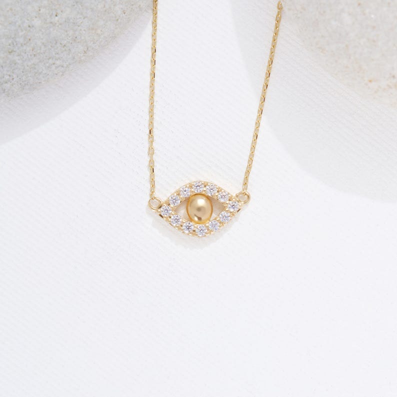 Evil Eye Diamond Necklace, 14K Solid Gold Eyes Shape Pendant With Side ...