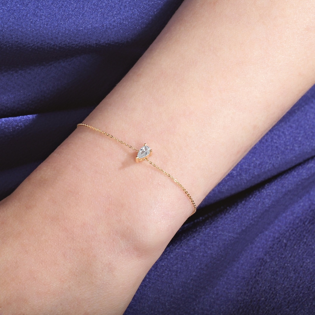 14K Solid Gold Pear Diamond Bracelet, Teardrop Diamonds Bracelets for ...