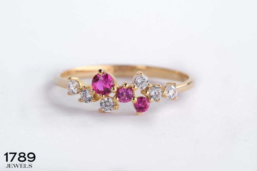 Cluster Ruby Ring Gold, Ruby Engagement Rings, 14K Solid Gold Ring ...