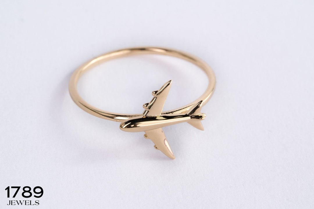 Airplane Stacking Ring, 10K 14K 18K Solid Gold Plane Ring Her, Aviation ...