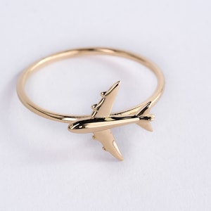 Airplane Ring 14K Solid Gold, Simple Aviation Rings for Women, Jet ...