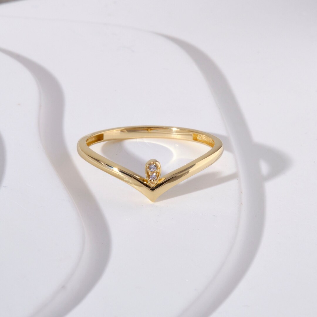14K Solid Gold V Ring With Simulant Diamond, 14K 18K Gold Chevron Ring ...