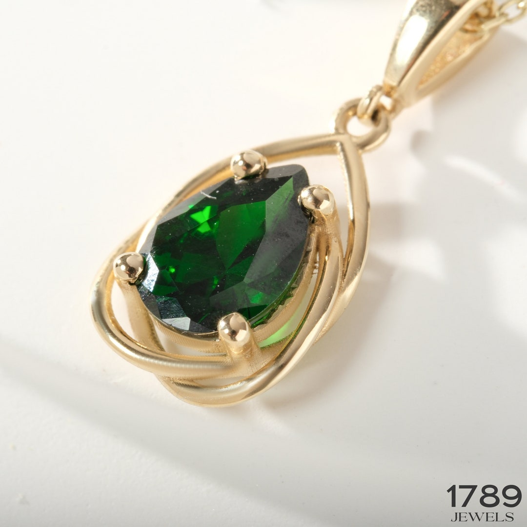 Tear Drop Emerald Necklace 14K Solid Gold, Pear Shaped Emerald Green ...