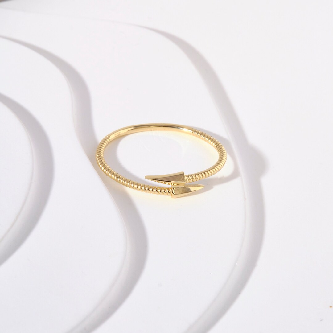 Spike Arrow Head Stacking Ring, 10K 14K 18K Solid Real Gold Twist Rope Band, Minimal Combine ...