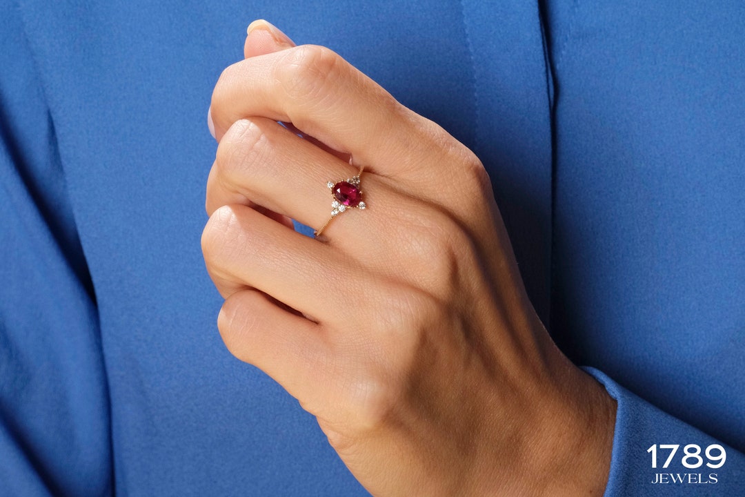 Round Cut Ruby Diamond Engagement Ring 10k 14k 18k Custom Birthstone Moissanite Wedding Band