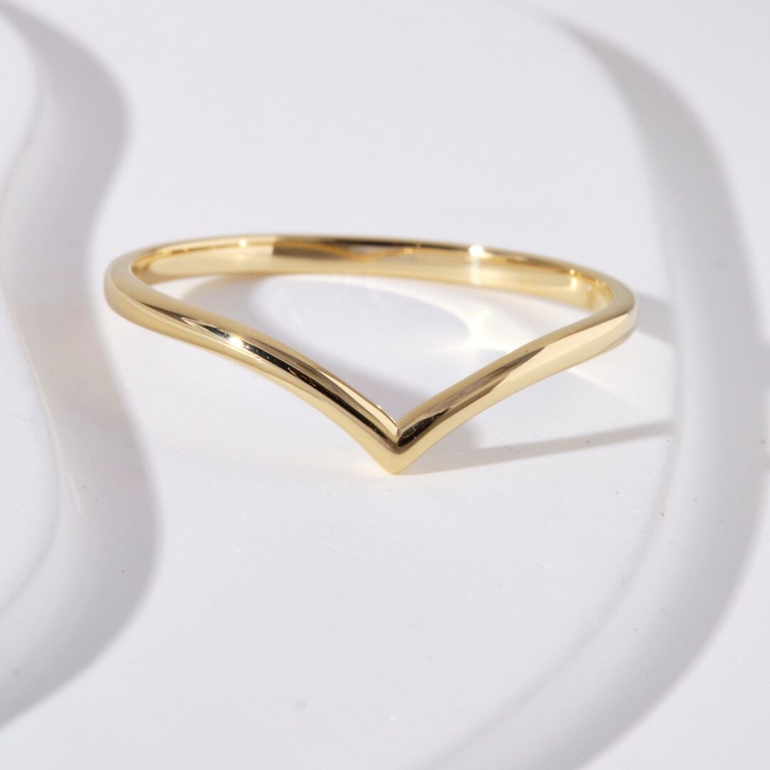 14K Solid Gold V Ring, Dainty Stackable Curved Band, Chevron Wedding ...