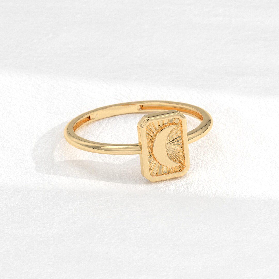 Sun and Moon Ring: Rectangle Plain Signet Bar 14K Solid Gold Band ...