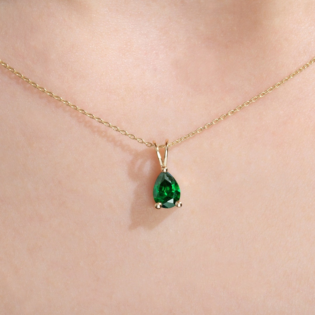 Tear Drop Emerald Necklace, 14k Gold Pear Emerald Solitaire Stackable ...