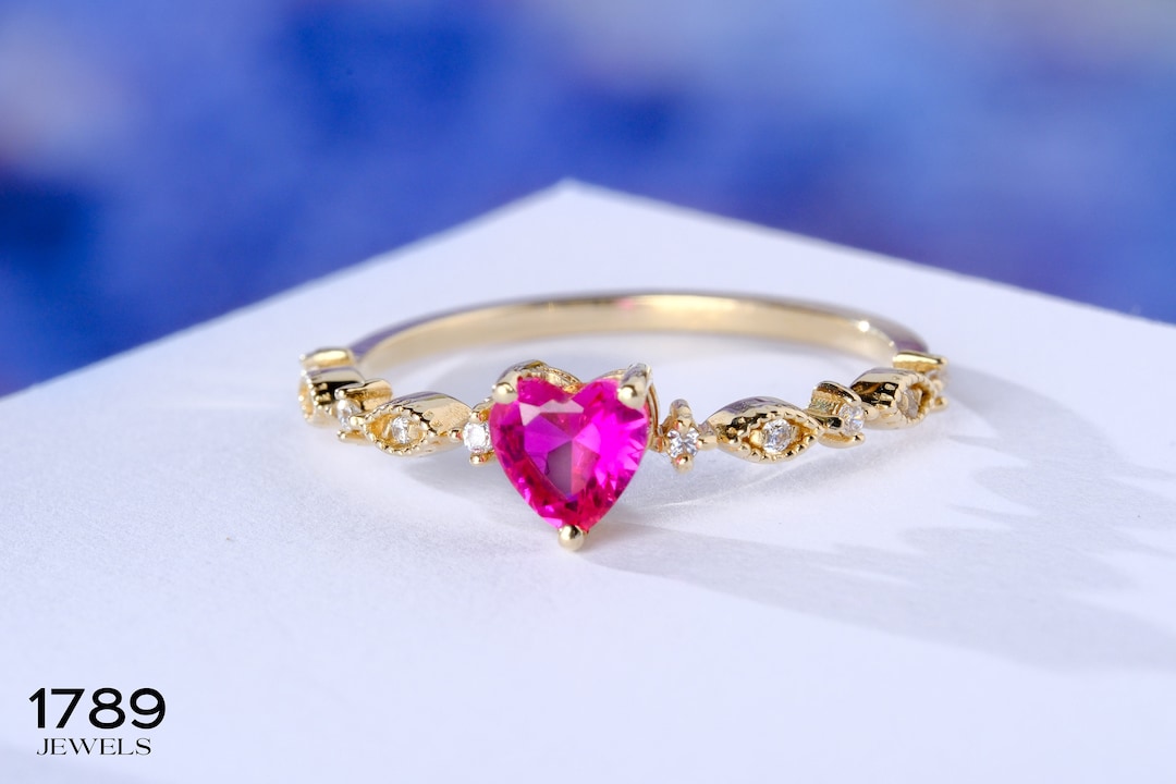 Heart Ruby Ring 14K Solid Gold Side Diamond Band, Art Deco Birthstone ...