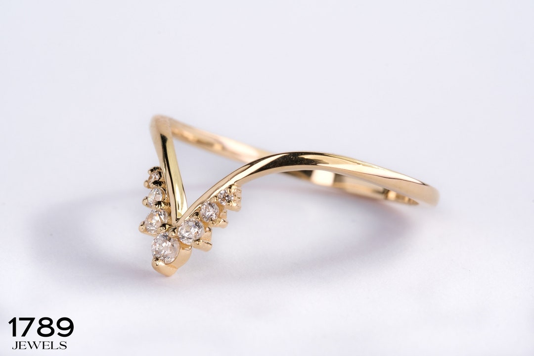 V Shape Chevron Diamond Stacking Ring, 14K Solid Gold Contoured Stacked ...