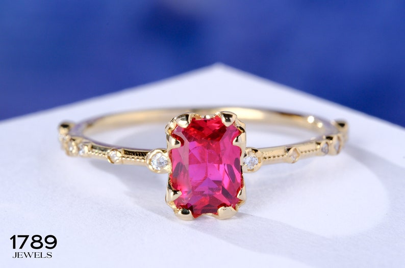 Ruby Wedding Ring 14K Solid Gold Emerald Cut Birthstone Ring With Side ...
