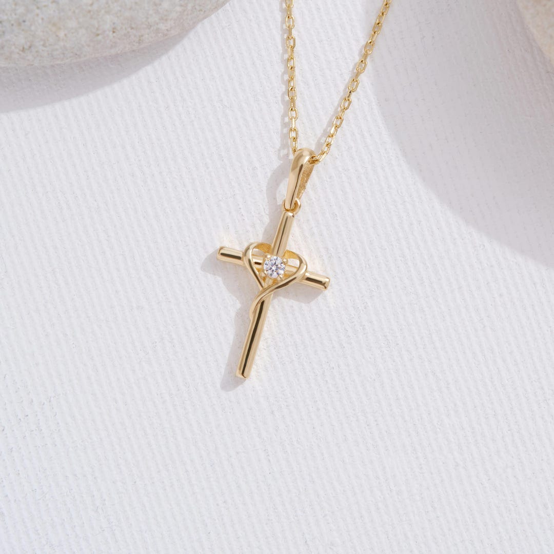 Diamond Cross Necklace 14K Solid Gold, Heart and Tiny Moissanite ...