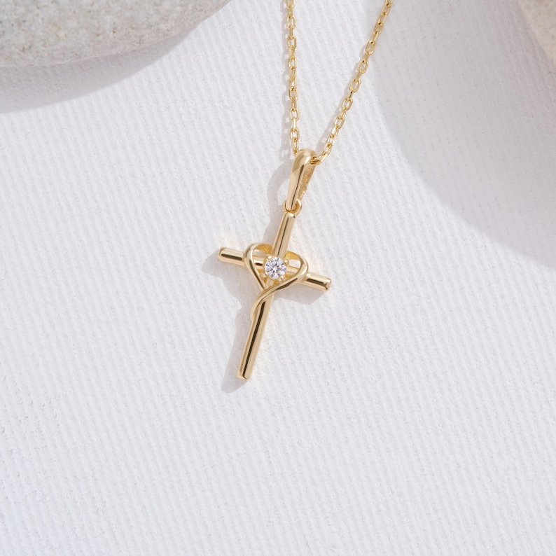 Diamond Cross Necklace 14K Solid Gold, Heart and Tiny Moissanite ...