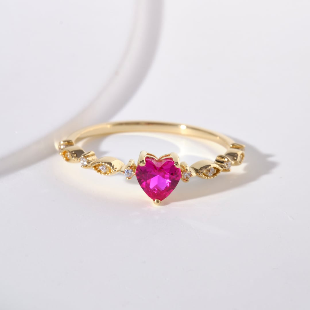 Heart Ruby Ring 14K Gold With Diamond, Red Heart Shaped Ruby Ring ...
