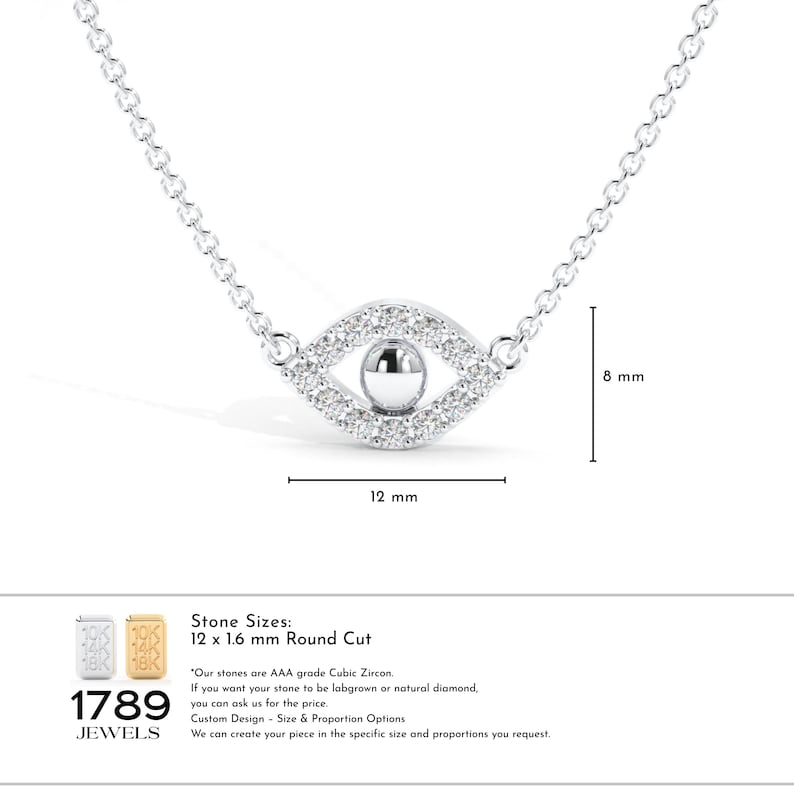 Evil Eye Diamond Necklace, 14K Solid Gold Eyes Shape Pendant With Side ...