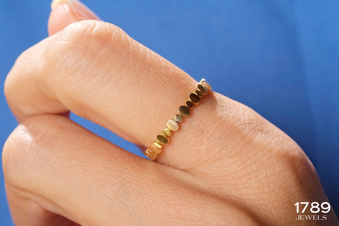 Beaded Wedding Band 14K Solid Gold Ring: Flat Bead Engagement Ring ...