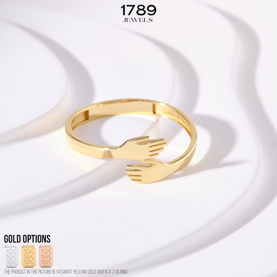 14K Gold Hug Ring, Unique Love Hugging Hands Stacking Ring Girl, Dainty ...