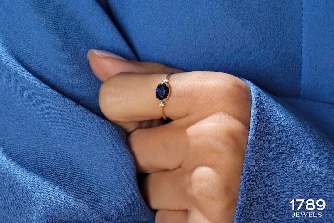 Blue Sapphire Diamond Engagement Ring Gold, Oval Birthstone Moissanite ...