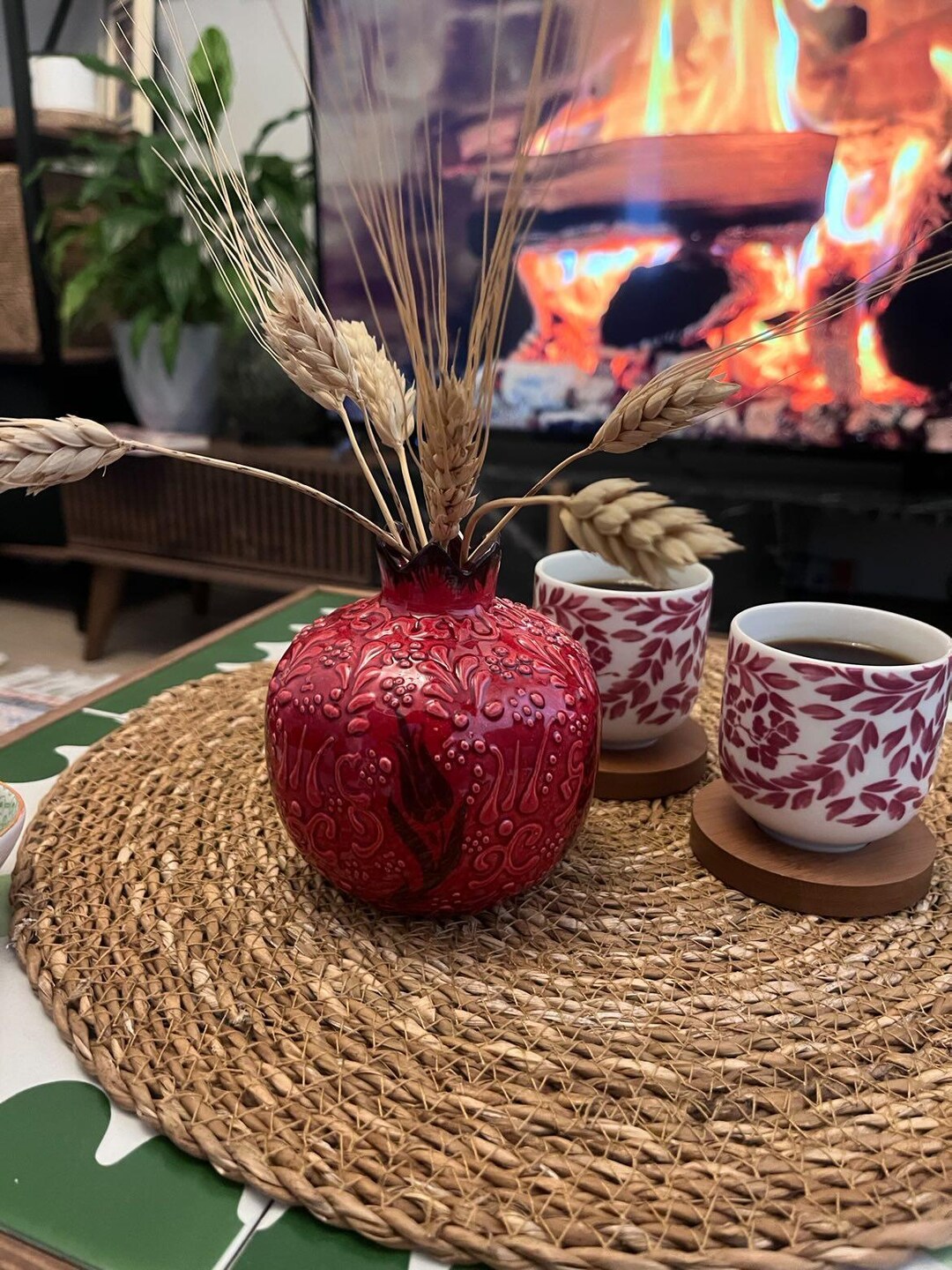 Ceramic Pomegranate Vase Ornament With Tulip, Handmade Pomegranate ...