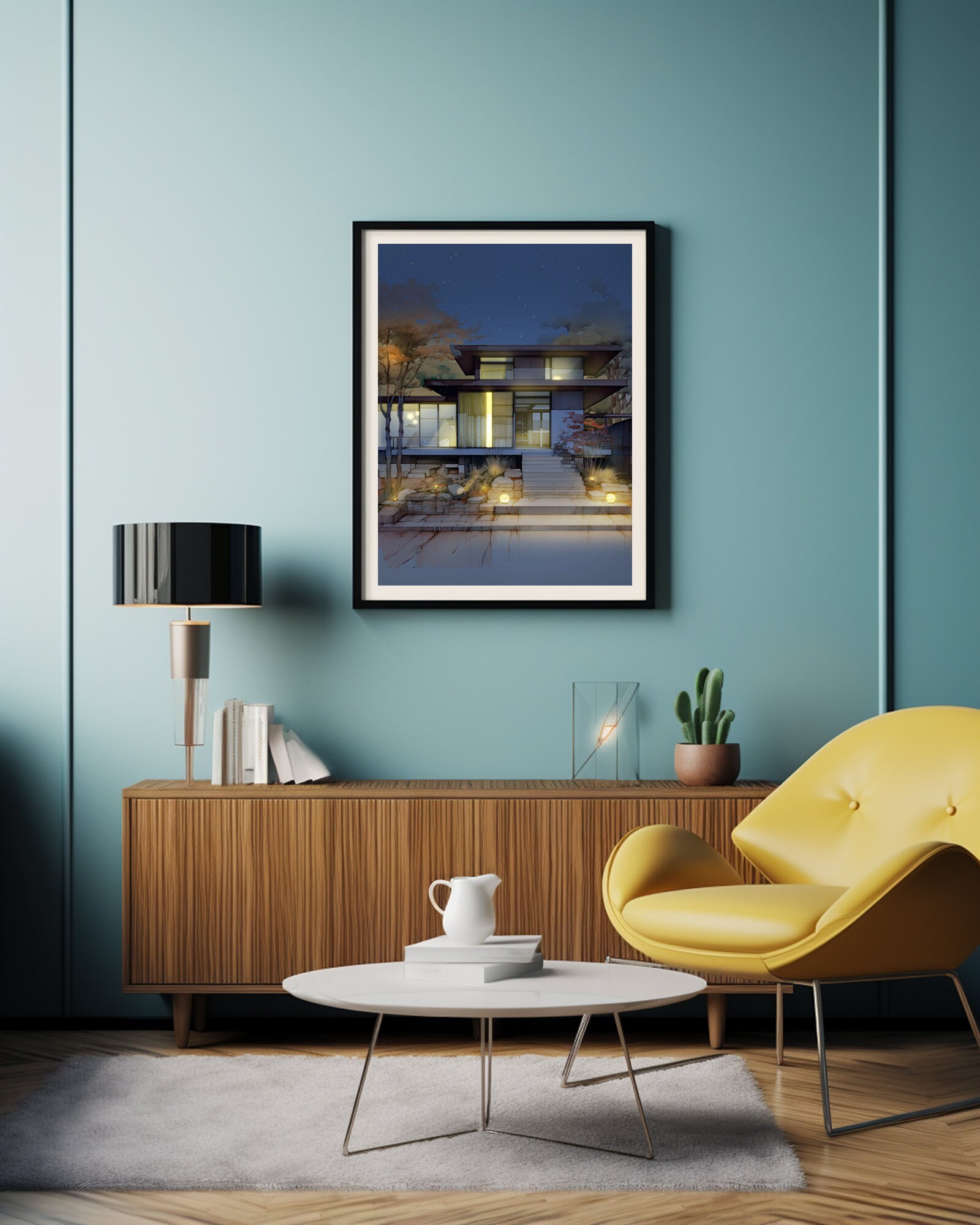 Mid-century Modern at Night | Illuminated House Painting | Modernist ...