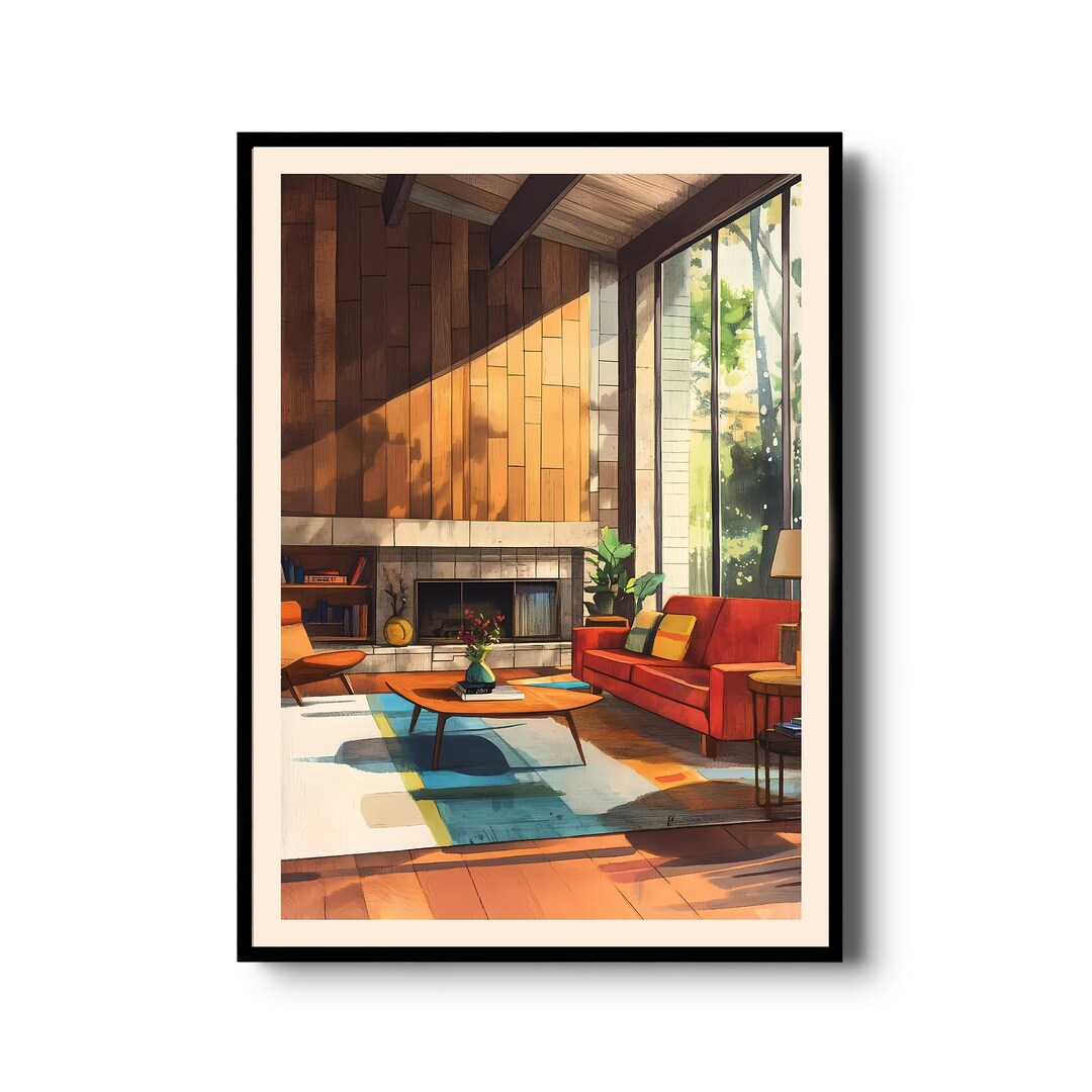 Mid-century Modern Living Room Wall Art Print, Cozy Lounge Decor ...