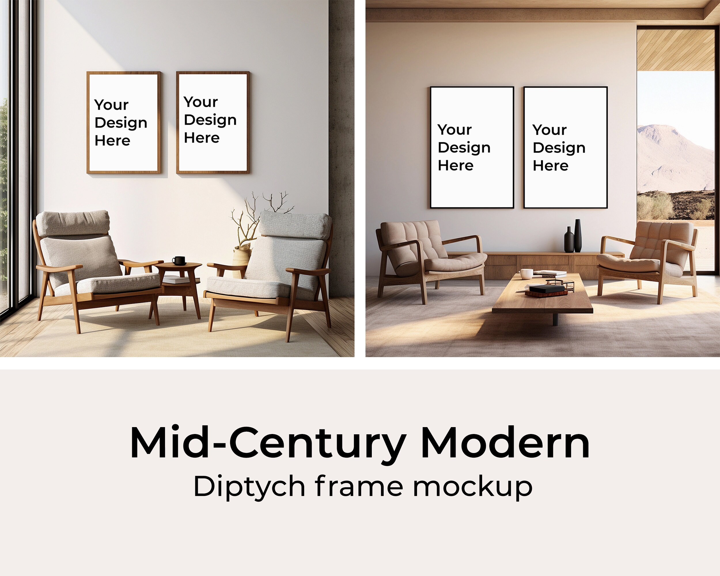 Mid-century Modern Interior Mockup Set of 2 Diptych Wall Frames Wall ...