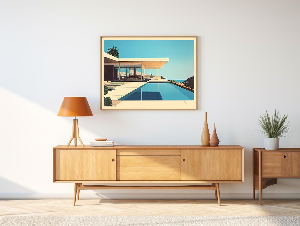 Mid-century Modern House Print | Los Angeles Cliffside Home Art | Retro ...