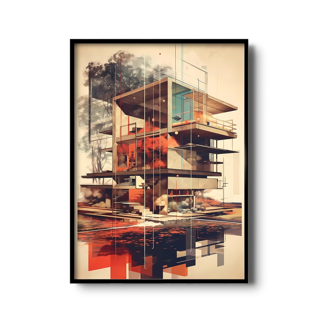 Retro Architecture Wall Art | Vintage Modern Architecture Print ...