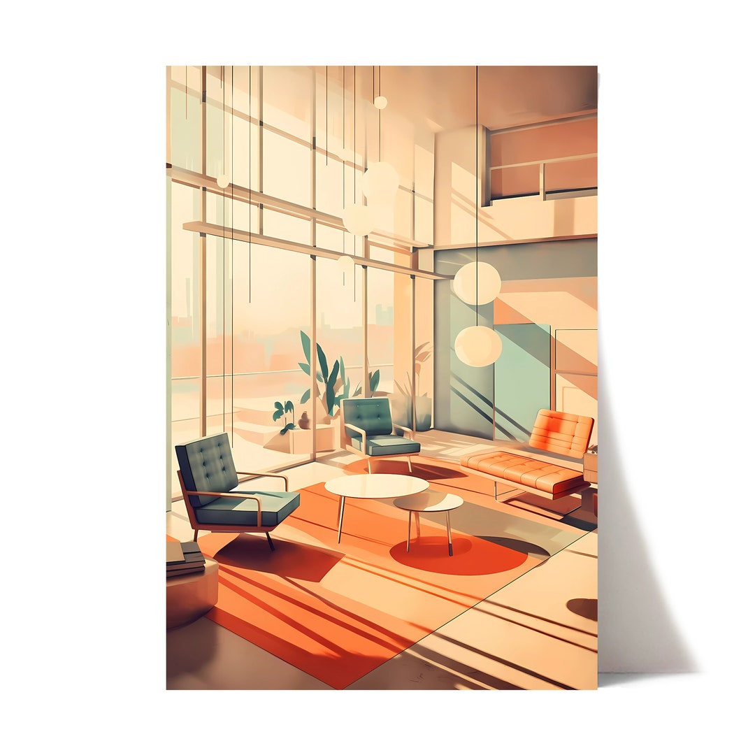 Mid Century Interior Print | Modern Interior Architecture | Mid Century ...