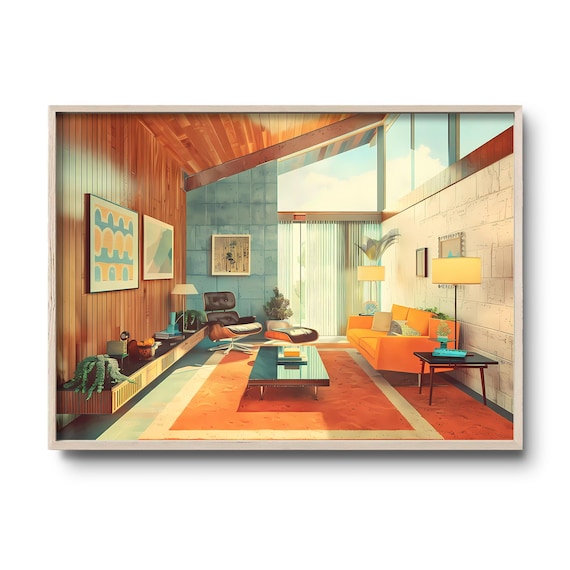 Retro Interior Design Illustrations Retro Living Room Vector Art,