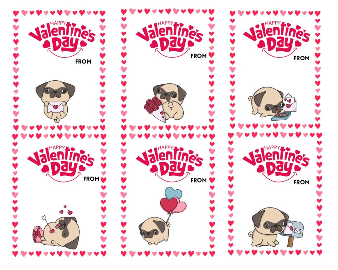 Digital Download Dog Pug Valentine's Day Cards, Printable Classroom ...