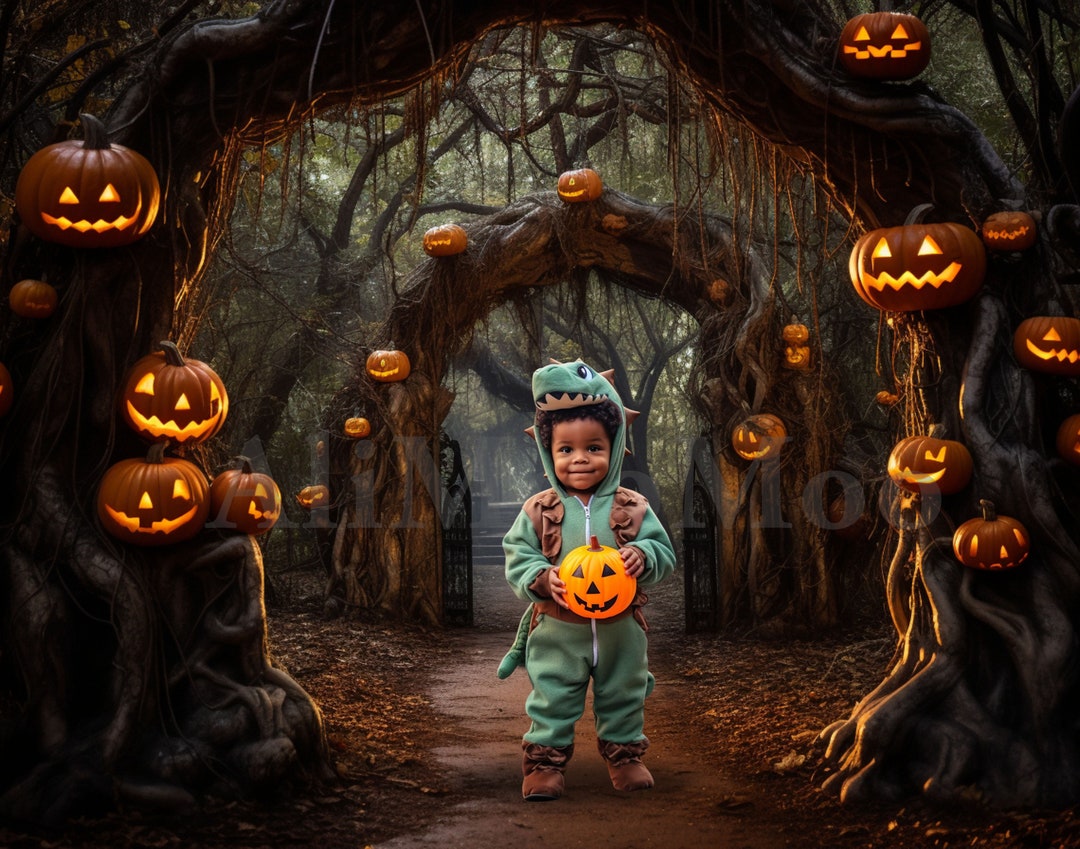 A Halloween Arch Digital Backdrop, Twisted Forest, Pumpkins Jack-o ...