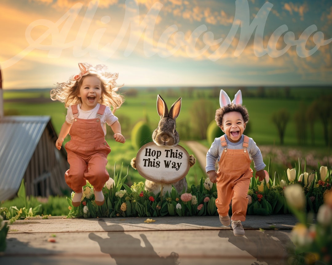 An Easter Bunny With a Sign Hop This Way CG Backdrop, Easter Background ...