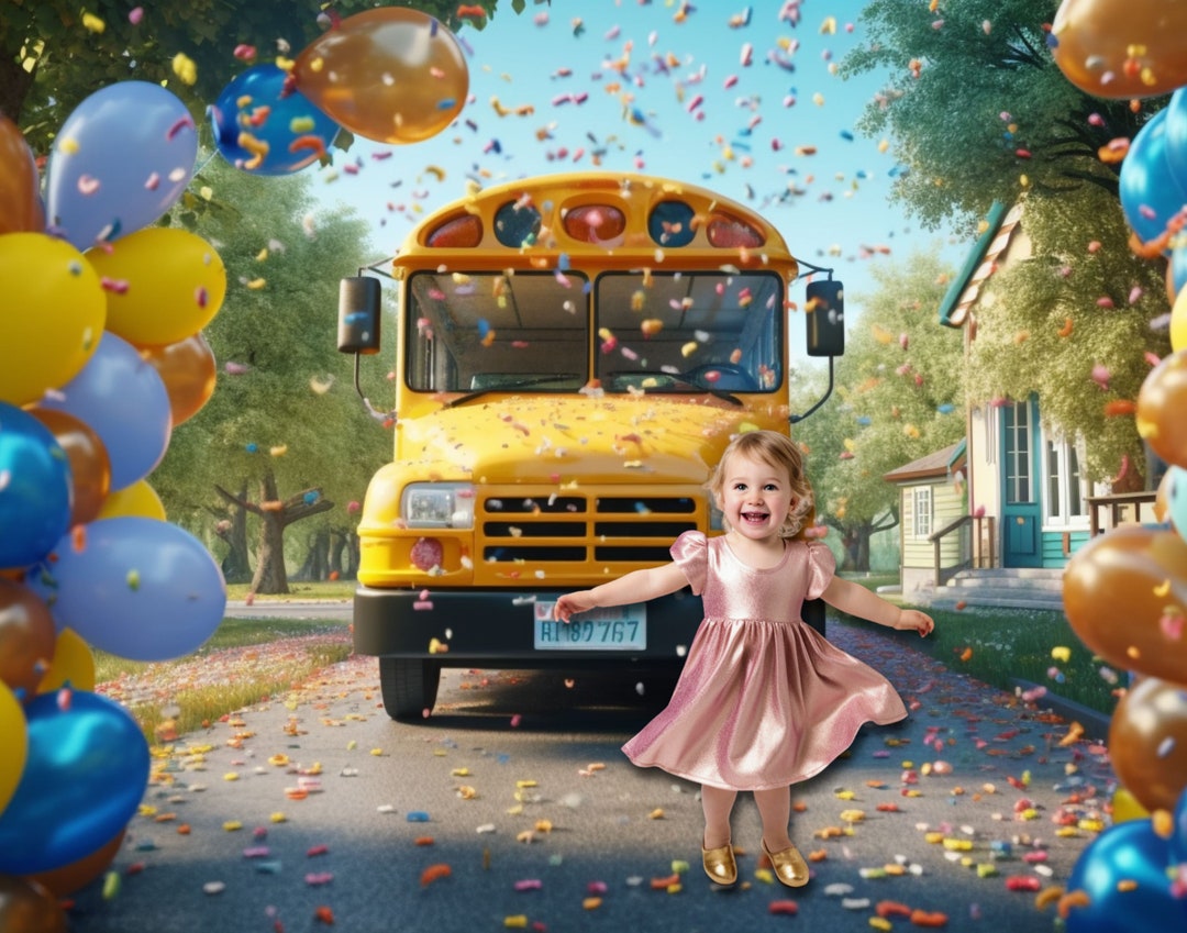 A Back-to-school Bus With Balloons and Confetti CG Digital Backdrop ...