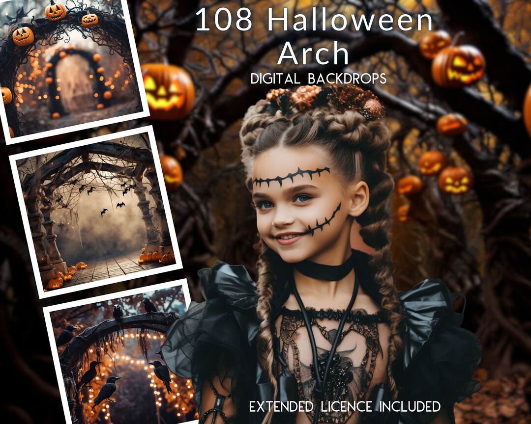 108 Halloween Arch Digital Backdrops, Twisted Forests, Pumpkins Jack-o ...